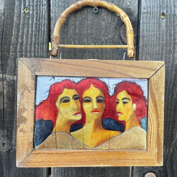 Bags | Vintage Wood Box Purse Fun Novelty Print And Bamboo Handle Felt ...